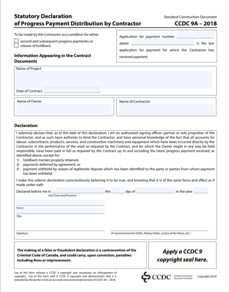 CCDC 9 Seal - Statutory Declaration for CCDC 9 A & 9B - Ontario General ...